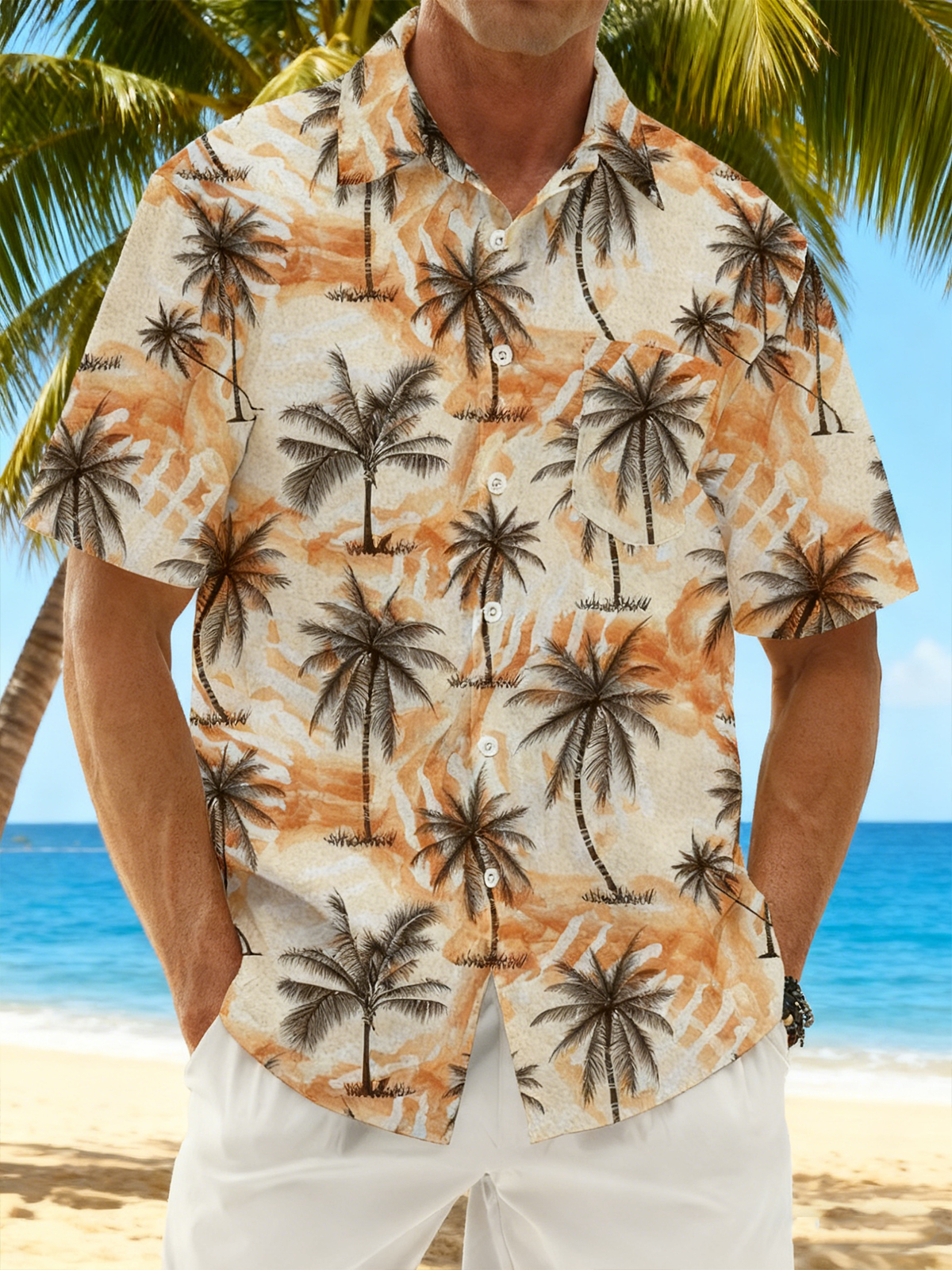 Linen Texture Gradient Coconut Tree Chest Pocket Holiday Hawaii shirt ...