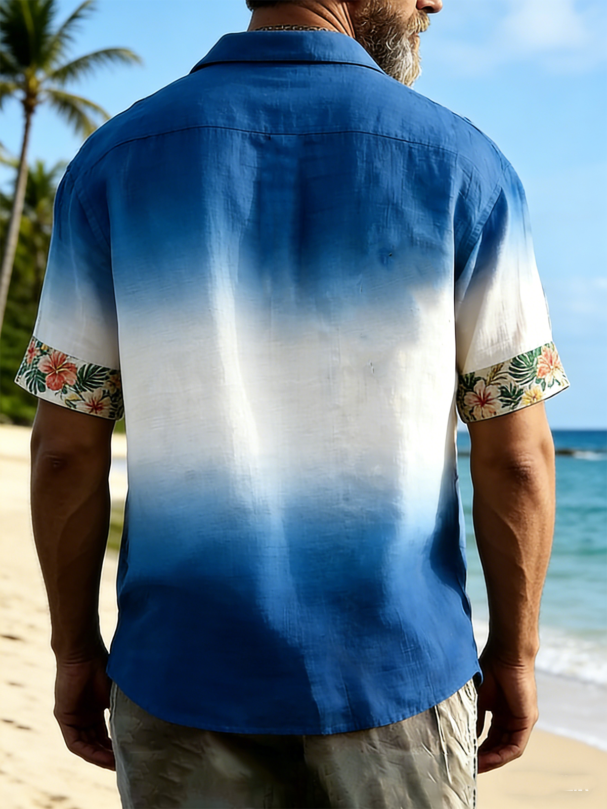 Linen Texture Gradient Floral Pattern Chest Pockel Holiday Hawaiian ...
