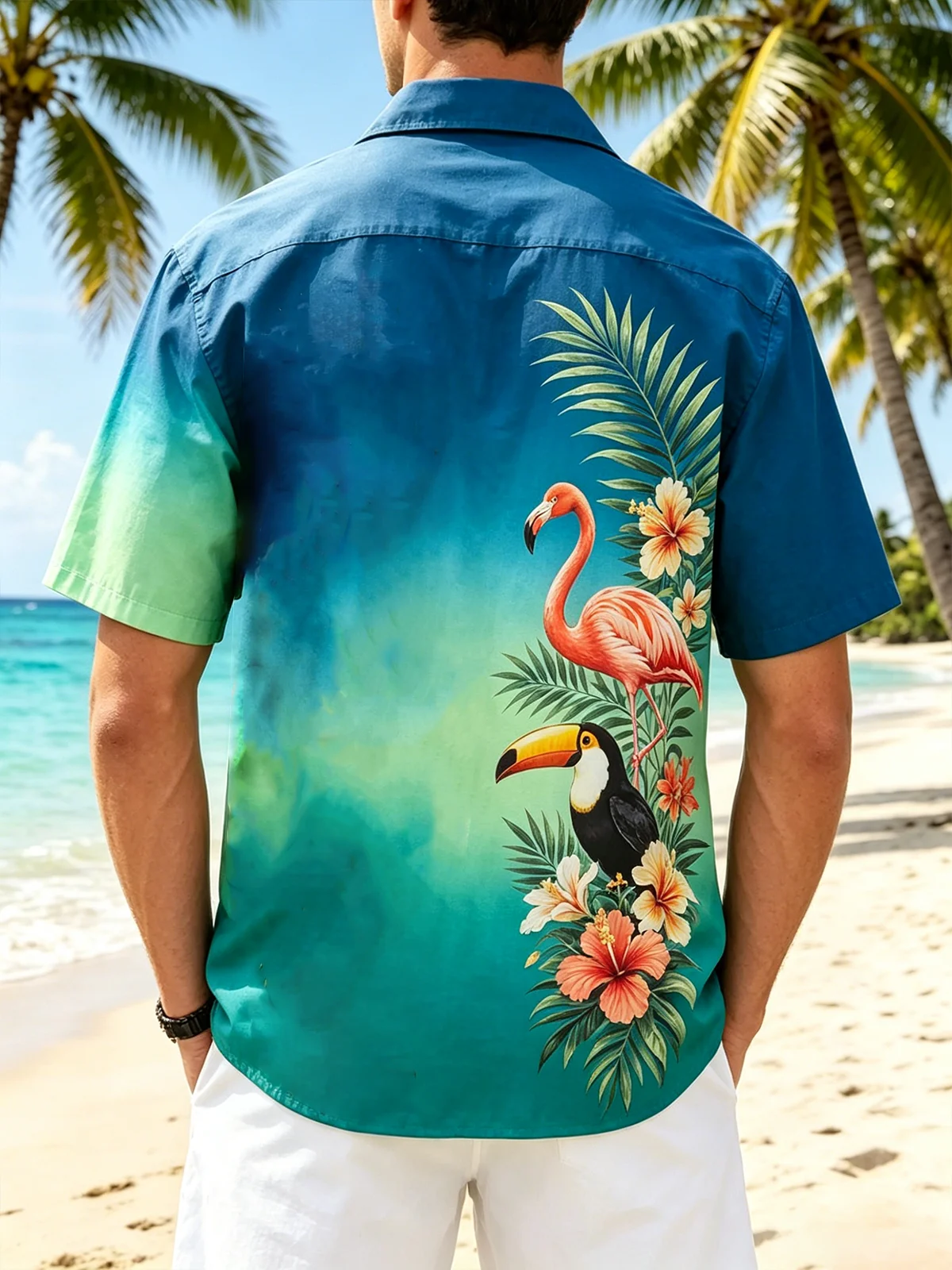Linen-Texture Tropical Plant Toucan and Flamingo Print and Chest Pocket ...