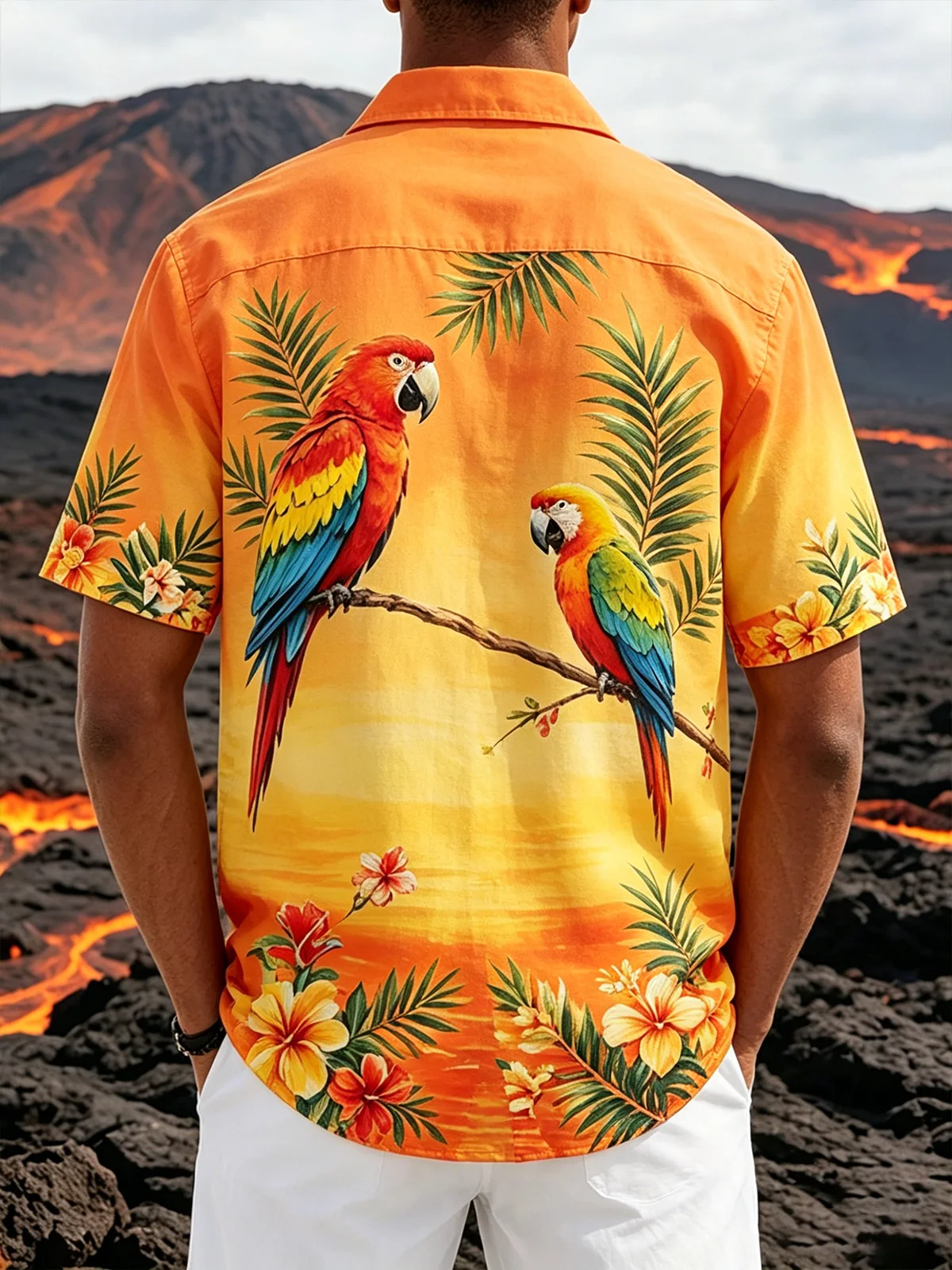 Linen-Texture Tropical Plant Floral Parrot Print Holiday Chest Pocket ...