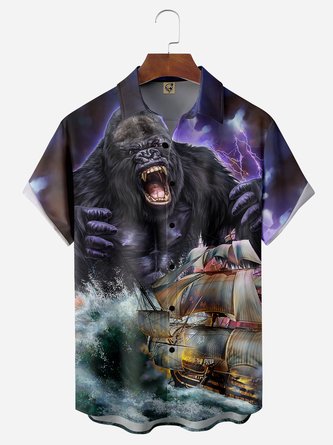 Gorilla Sailing Boat Chest Pocket Short Sleeve Hawaiian Shirt | hardaddy