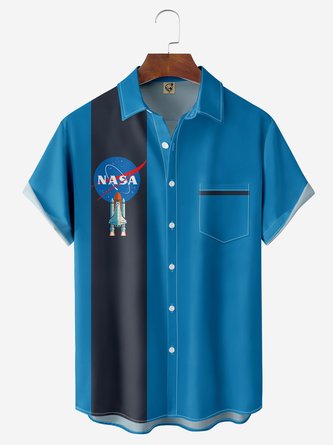 NASA Rocket Chest Pocket Short Sleeve Bowling Shirt | hardaddy