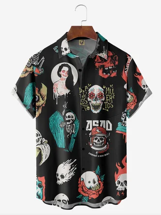 Day of the Dead Skulls Chest Pocket Short Sleeve Casual Shirt | hardaddy