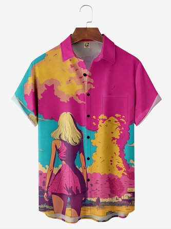 Pink Atomic Bomb Chest Pocket Short Sleeve Casual Shirt | hardaddy
