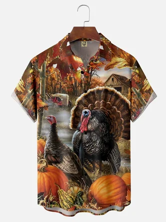 Hardaddy Men's Thanksgiving Turkey Print Casual Short Sleeve Hawaiian ...