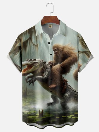 Moisture-wicking Bigfoot Riding Alligator Chest Pocket Hawaiian Shirt ...