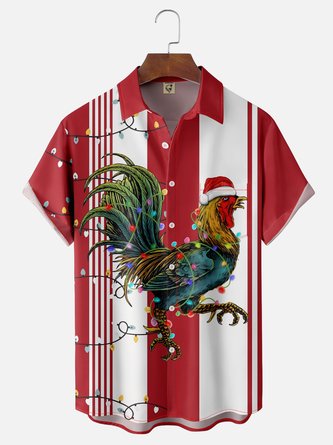 Moisture-wicking Christmas Chicken Chest Pocket Bowling Shirt | hardaddy