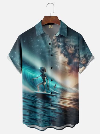 Moisture-wicking UFO Alien Surfing Chest Pocket Hawaiian Shirt | hardaddy