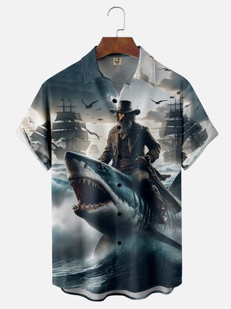 Moisture-wicking Wicked Shark Pirate Art Chest Pocket Casual Shirt ...