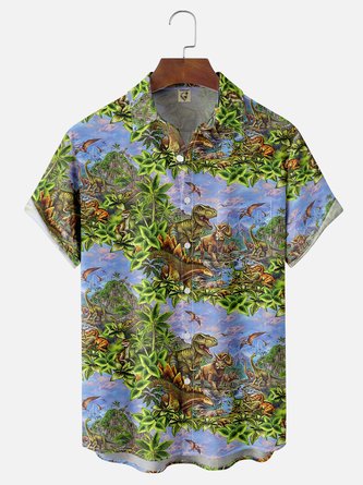 Moisture-Wicking Jurassic Dinosaur Chest Pocket Hawaiian Shirt | hardaddy