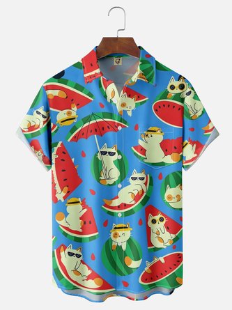 Moisture-wicking Watermelon Cat Chest Pocket Hawaiian Shirt | hardaddy