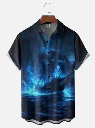 Moisture-wicking Pirate Ship Skeleton Chest Pocket Casual Shirt | hardaddy