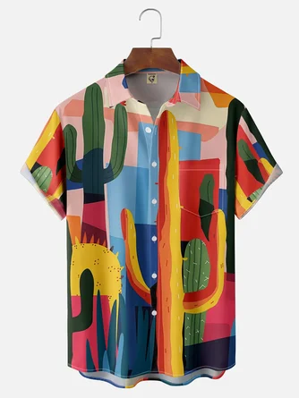 Tall Size Moisture-wicking Cactus Chest Pocket Hawaiian Shirt | hardaddy