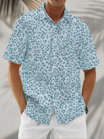 Linen Texture Leopard Print Chest Pocket Short Sleeved Holiday Casual ...