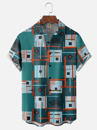 Moisture-wicking Artistic Geometric Grid Pattern Chest Pocket Casual ...