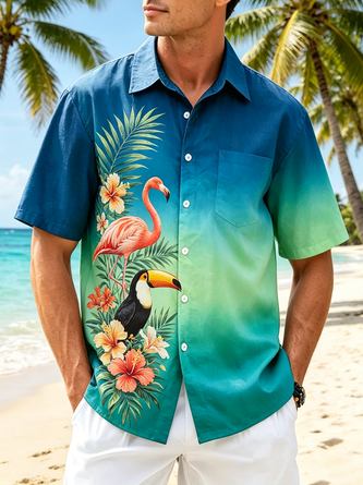 Linen-Texture Tropical Plant Toucan and Flamingo Print and Chest Pocket ...